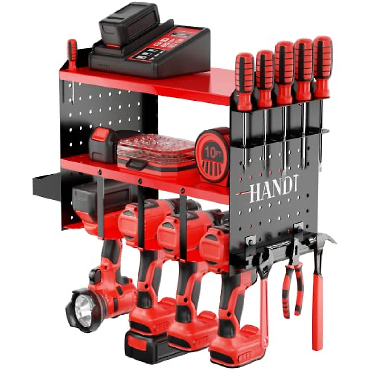 HANDT Power Tool Organizer, Wall Mount Drill Holder Garage Storage Rack, Pegboard Screwdriver Holder with Magnet Bar & Organization Bin, Cordless Drill Battery Charging Station Utility Shelf, Red