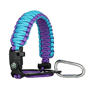 Paracord Handle - Fits Wide Mouth Bottles 12oz to 64oz - Durable Carrier, Paracord Carrier Strap Cord with Safety Ring,Compass and Carabiner - Ideal Water Bottle Handle Strap (Purple Blue Wide)