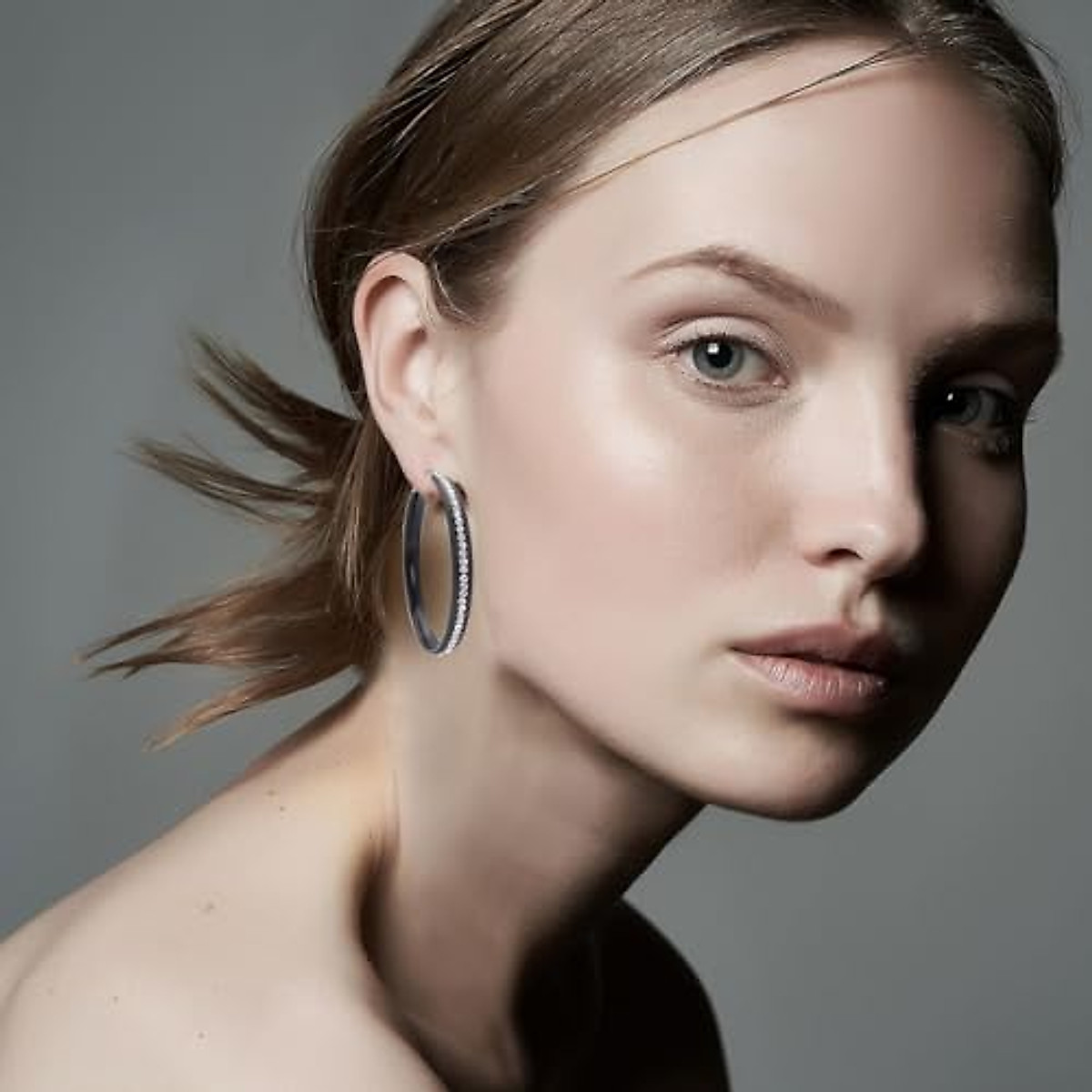 Shop LC Crystal Pave Hoop Earrings - ION Plated Stainless Steel Hoop Earrings for Women - Crystals in Black Bezel Hoops Jewelry Birthday Gifts for Women