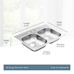 Moen GS202173BQ 2000 Series 33-inch 20 Gauge Drop-in Double Bowl Stainless Steel Kitchen Sink, 3 Hole, Featuring QuickMount