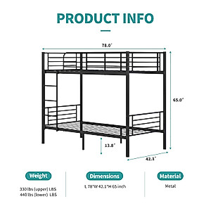 Lumelay Bunk Bed Twin Over Twin, Heavy Duty Twin Size Metal Bunk Bed Frame with Guardrail & Ladders, Space-Saving, Noise Free, No Box Spring Needed (Black)