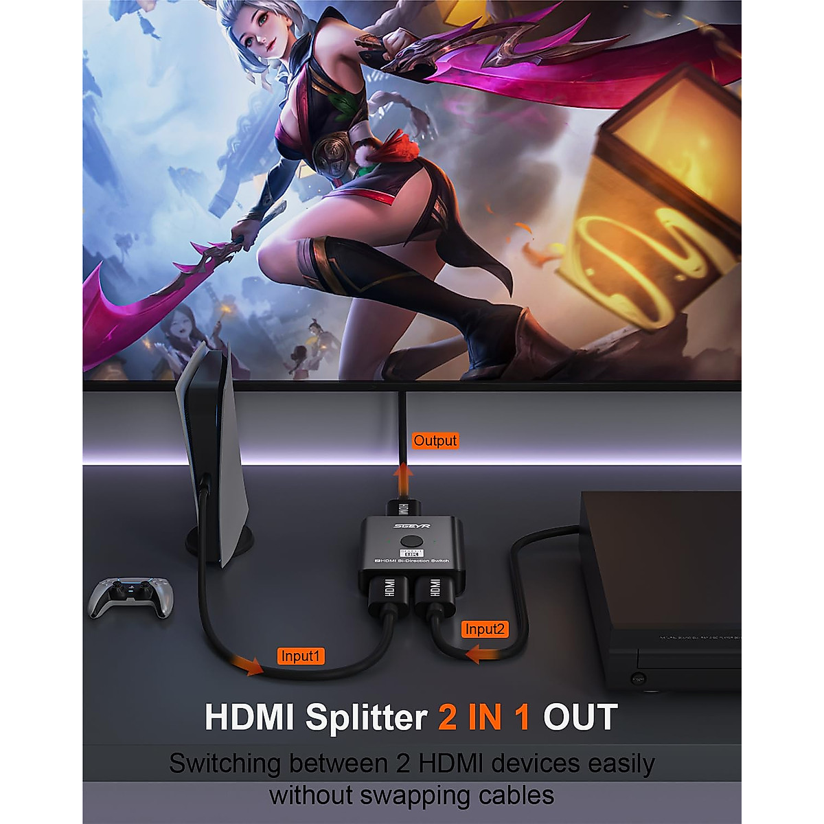 SGEYR HDMI Switch, 8K HDMI Switcher 2 in 1 Out,HDMI 2.1 Switch Selector,Aluminum HDMI 2.1 Splitter Bi-Directional Ultra HD, Support 8K@60Hz,48Gbps, Compatible with PS5/4,Xbox,Roku