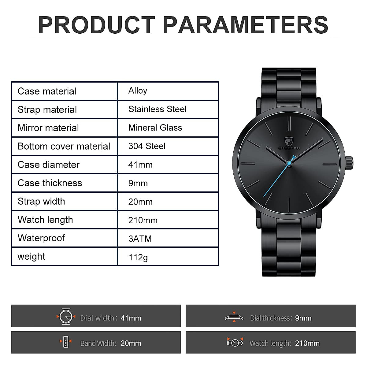 GOLDEN HOUR Men's Watches Slim Minimalist Runway Black Stainless Steel Quartz Analog Watch with Blue Hands