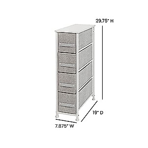 Flash Furniture 4 Drawer Slim Wood Top White Cast Iron Frame Dresser Storage Tower with Light Gray Easy Pull Fabric Drawers