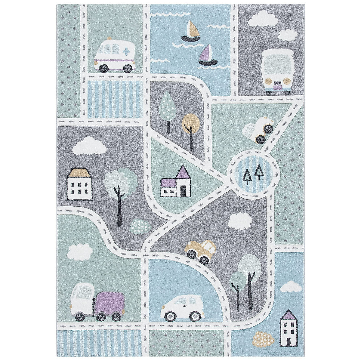 SAFAVIEH Carousel Kids Collection Area Rug - 5'3" x 7'6", Grey & Light Blue, Non-Shedding & Easy Care, Ideal for High Traffic Areas for Boys & Girls in Playroom, Nursery, Bedroom (CRK193F)