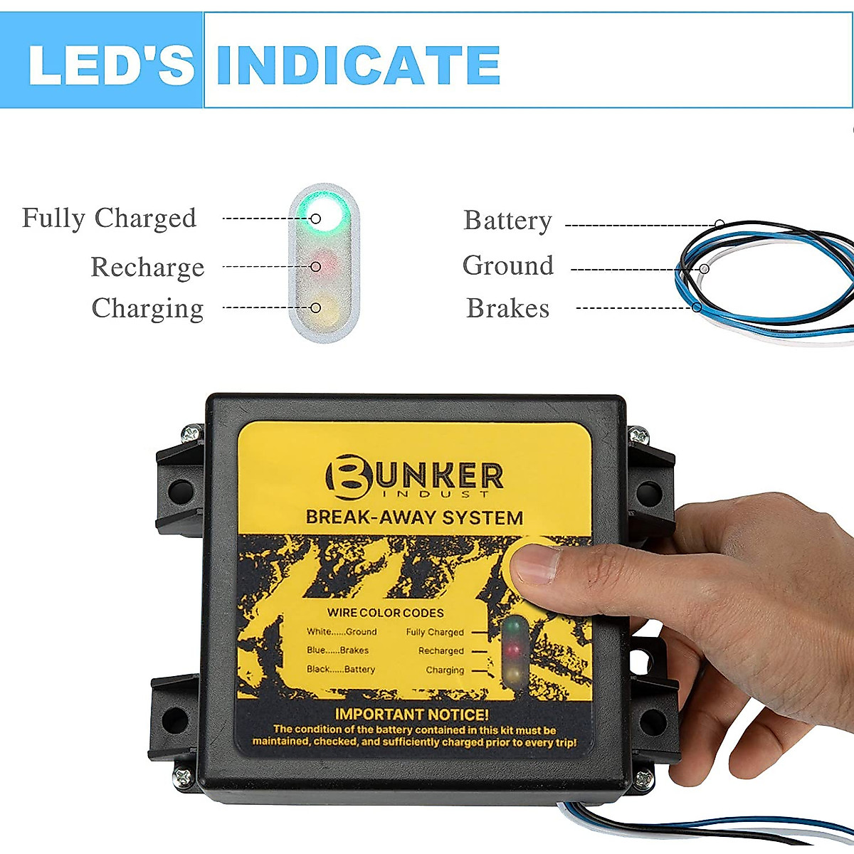 BUNKER INDUST Trailer Brakes Breakaway Kit with Charger, LED Indicator, Switch, 12V 5AH Battery for Trailer Caravan