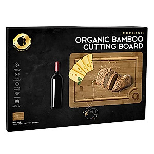 Extra Large Wooden Cutting Board | Organic Bamboo Kitchen Cutting Board | Large Charcuterie Board | Wooden Cutting Board for Meat with Juice Groove and Hidden Handles [18”x12”] | By Gourmanity Cook