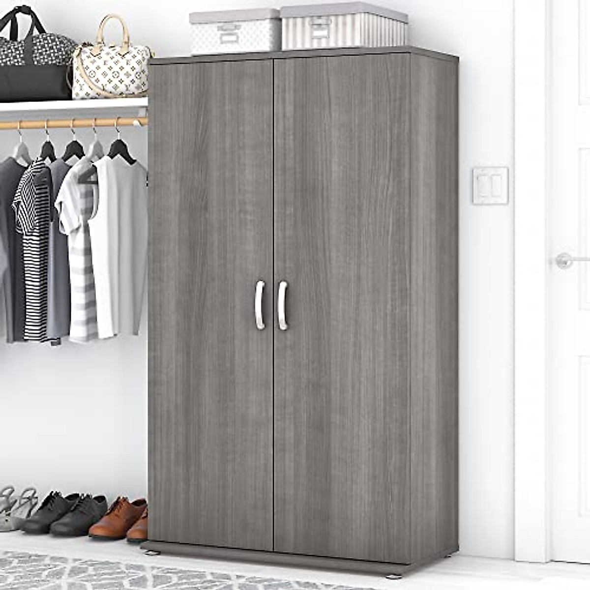 Bush Business Furniture Universal Closet Tall Clothing Storage Cabinet with Doors and Shelves, Platinum Gray