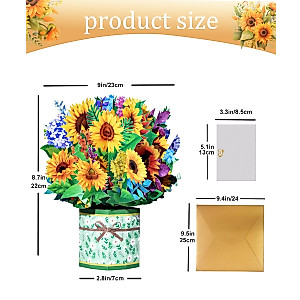 Sunflower 3D Pop-Up Card, Floral Greeting Card for Mother's Day, Summer Birthdays, Friendship Day, Graduation, Sunflower Bouquet Card for Mom, Grandma, Wife, or Friend, with Envelope and Note Card