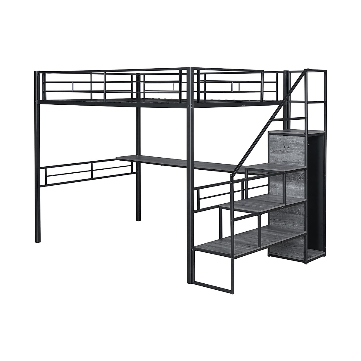 DNYN Stairway Full Size Metal Loft Bed with Desk for Kids,Adults,Heavy Duty Bedframe w/Storage & Wardrobe,Space Saving Design & No Box Spring Needed, Black