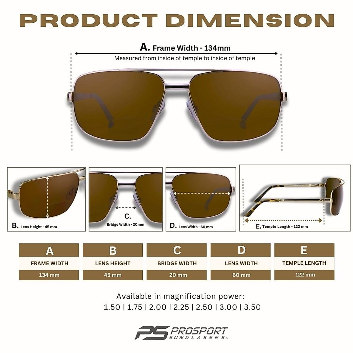 proSPORT Square Aviator Polarized Bifocal Sunglasses Gold Frame Brown Lens +3.00 Sunglasses for Men. Nearly Invisible Line Readers