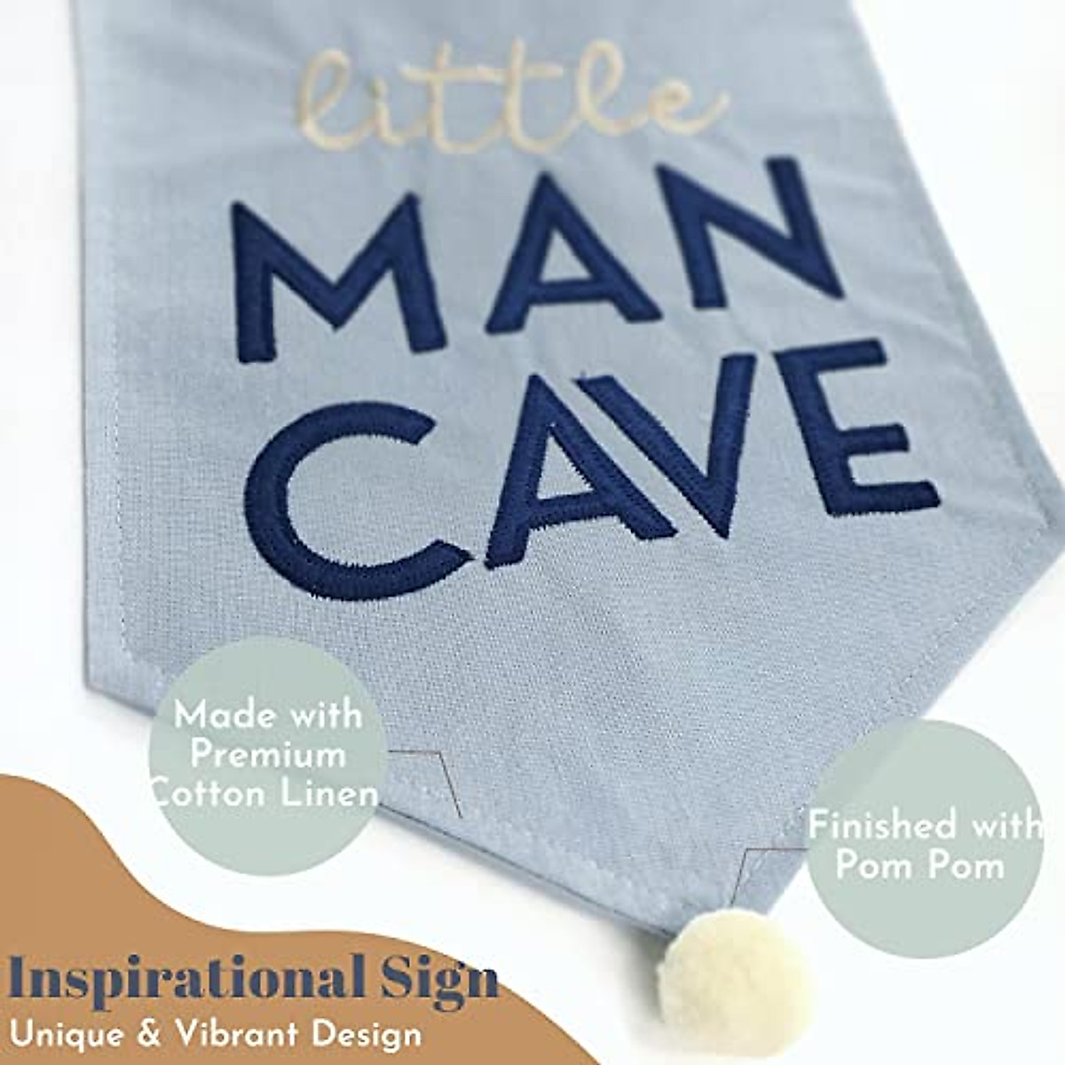 Bon et Beau LITTLE MAN CAVE Embroidered Canvas Banner – Wall Decor for Boys Playroom, Bedroom and Baby Nursery
