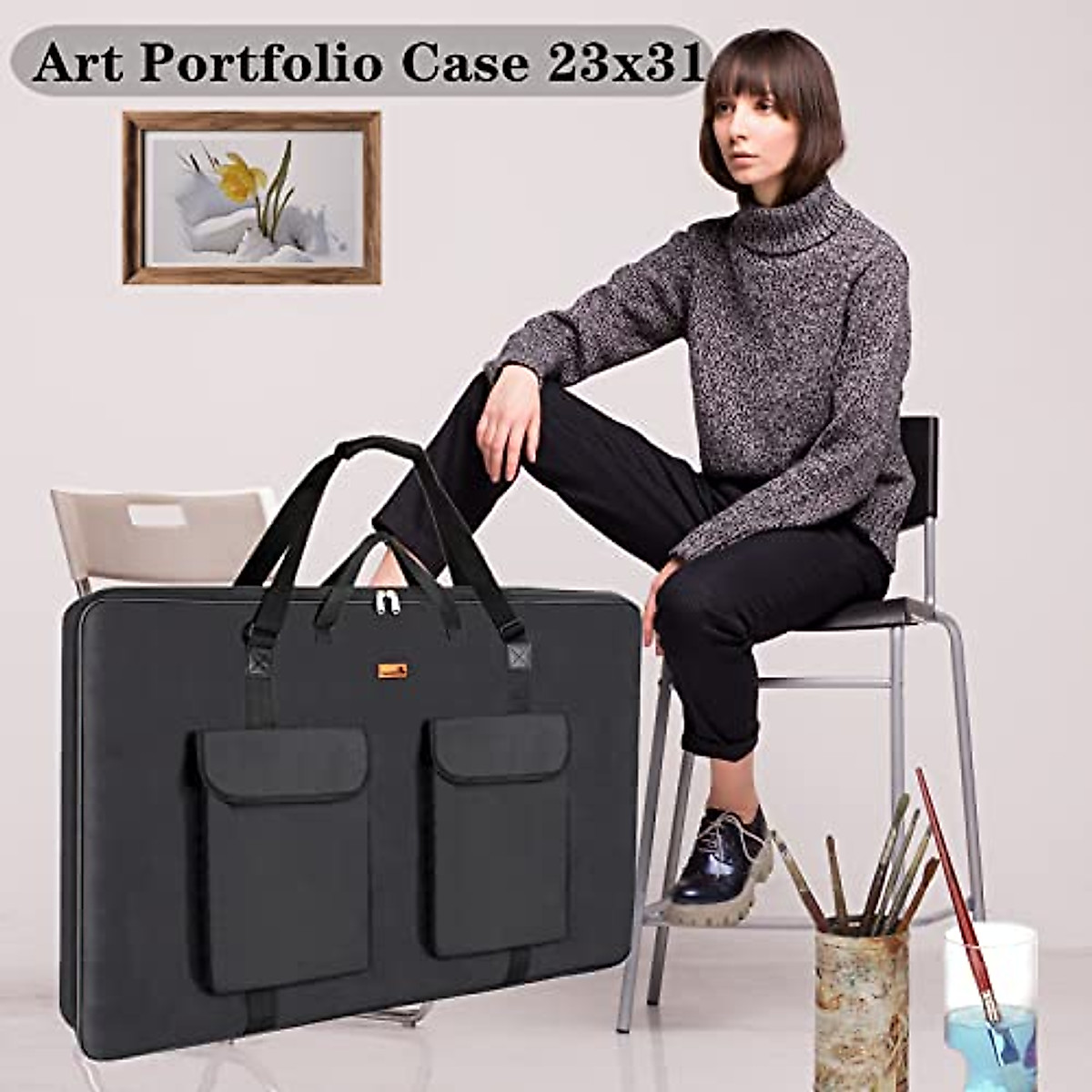 TreochtFUN Art Portfolio 23 X 31, Portfolio Case A2 Heavy duty Portfolio Folder for Artwork With Shoulder Strap, Art Supply Bag For Large Painting Board Supplies .(Black)
