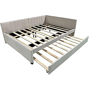 UOCFYK Full Upholstered Daybed with Trundle and Safety Fence,Sofa Bed Frame w/Put Out Sofa Bed Design for Guest Room, Bedroom,No Box Spring Needed, Beige