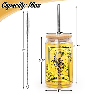 Scorpio Beer Can Glass 16 OZ Constellation Iced Coffee Glass with Lid Metal Straw and Cleaning Brush, Reusable Drinking Glass Cup for Coffee Tea Soda Juice, Zodiac Gifts for Women and Men, Set of 1