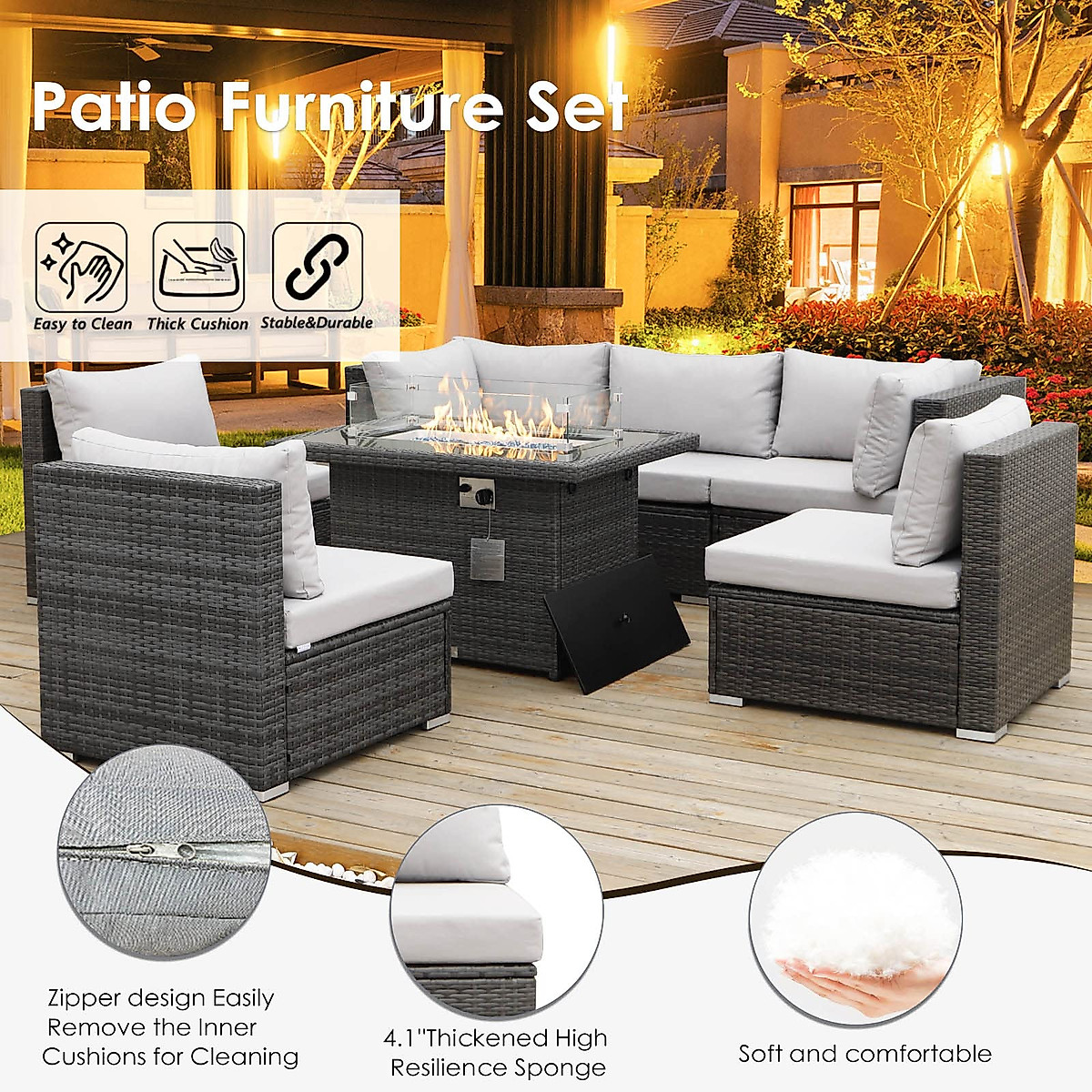 RADIATA PE Wicker Patio Furniture Set Sectional High Back Large Size Sofa Sets with Propane Fire Pit Table 55000 BTU Balcony Rattan Lounge Conversation Sets for Outdoor (7 Pieces,Light Gray)
