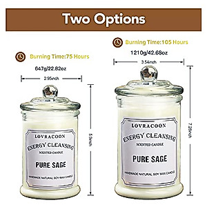 Lovracoon Pure Sage Smudge & Long Lasting Burning Jar Candle for House Energy Cleansing, Negative Energy Purification and Chakra Healing, Natural Soy Wax Jar Candle with Gift Box（White Sage,Large）