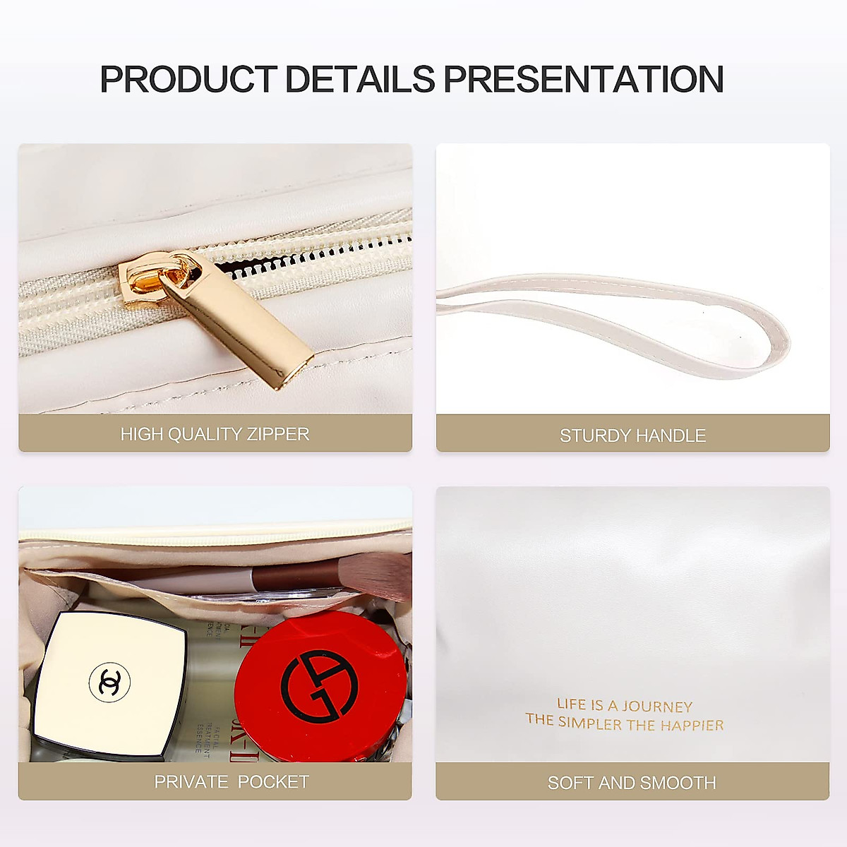 Simbuy Makeup Bag for Women, Zipper Pouch Travel Cosmetic Bag, Large Vegan Leather Make Up Bag Waterproof Toiletry Bag Organizer Gifts.White