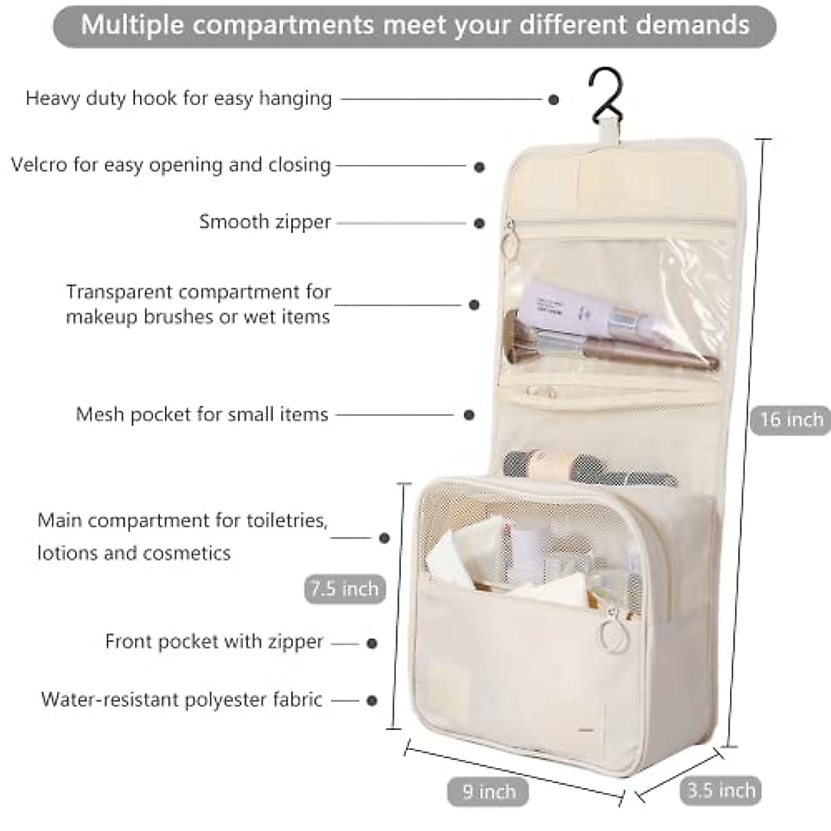 IMCUZUR Hanging Travel Toiletry Bag for Women, Water-resistant Makeup Bag Cosmetic Organizer for Traveling Accessories Toiletries (Beige)