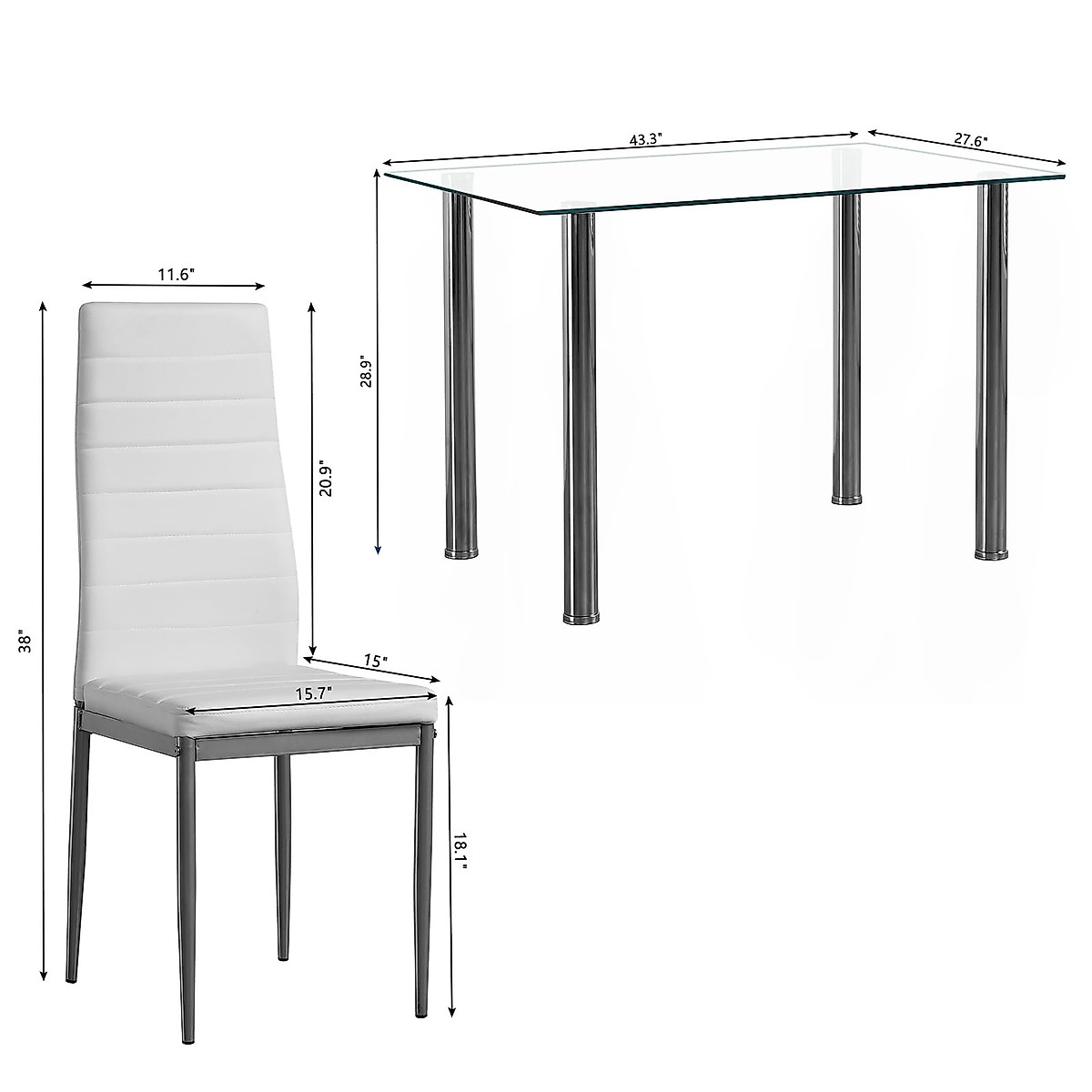 HomVent Dining Table Set for 4, Small Tempered Glass Dining Room Table Set, Kitchen Table and Chairs for Small Spaces, Transparent,White Modern 110cm, Stainless Steel PU Leather
