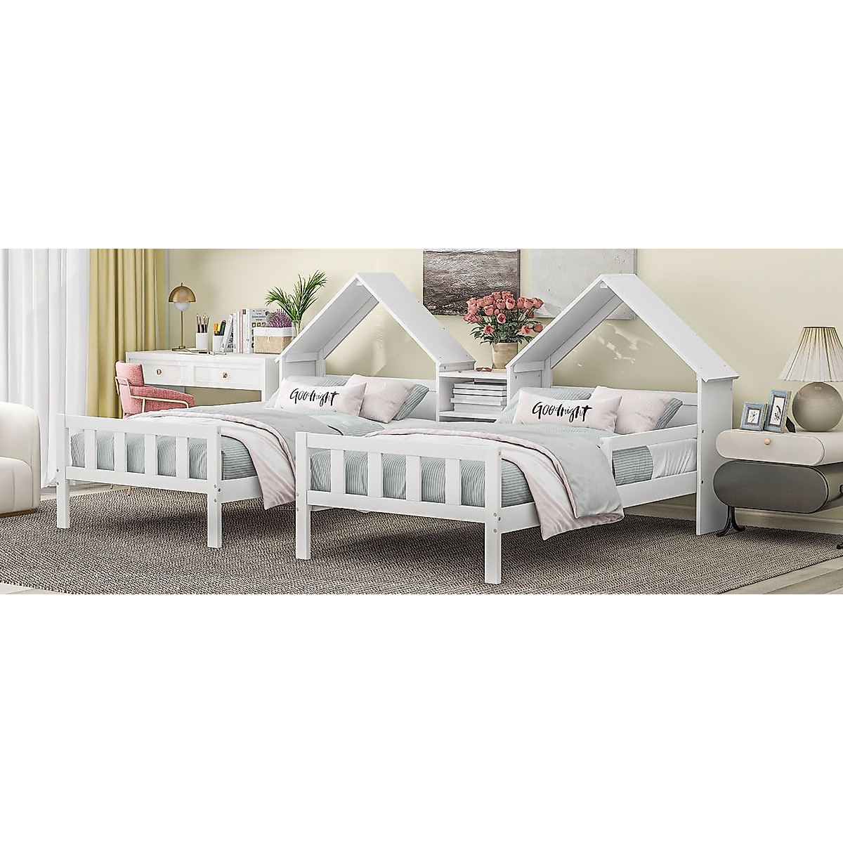 Flieks Double Twin Size Platform Bed with House-Shaped Headboard and a Built-in Nightstand, White