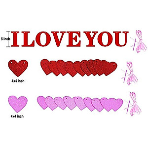 Valentine's Day Banner Decor, Red Pink Glitter Heart Garland Ribbon Hanging Decoration for Anniversary, Wedding, Birthday Party Ornaments, 28pcs with 29.5 ft Rope