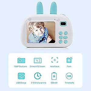 Gmlmes Kids Video Camera Digital Rabbit Camera for Girls Boys Toddlers 3-10 Year Old Birthday Gifts 1080P HD Shockproof Rechargeable Video Recorder Player with 2.4 Inch IPS Screen (Blue)