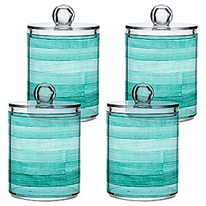 ALAZA 2pcs Teal Turquoise Green Wood Qtip Holder Dispenser 14 oz Bathroom Storage Clear Apothecary Jars Containers Cotton Ball,Cotton Rounds,Floss Picks, Hair Clips, Food