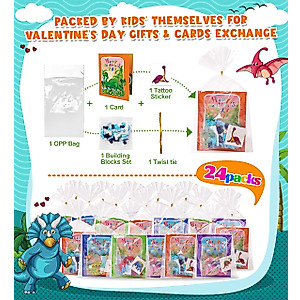 Colplay 24 Packs Valentines Day Gifts for Kids Classroom-Dinosaur Building Blocks with Valentines Day Cards for Kids School & Stickers, Exchange Valentines Party Favors Boxes for Kids Boys Girls