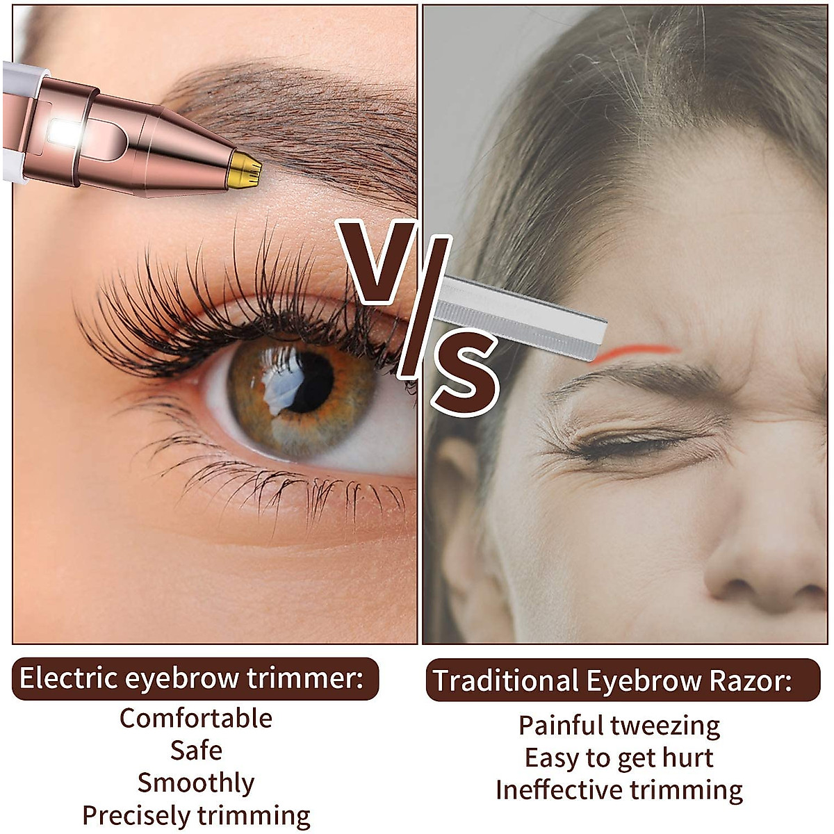 Aeruki 2 in 1 Eyebrow Trimmer & Facial Hair Removal for Women, Rechargeable 100% Painless Hair Remover Eyebrow Razor Hair Shaver for Eyebrow Nose Lips Face Armpit Body with Built-in LED Light