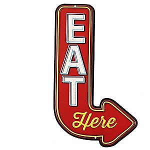 Open Road Brands Eat Here Arrow Embossed Metal Sign - Vintage Diner Sign for Kitchen or Man Cave