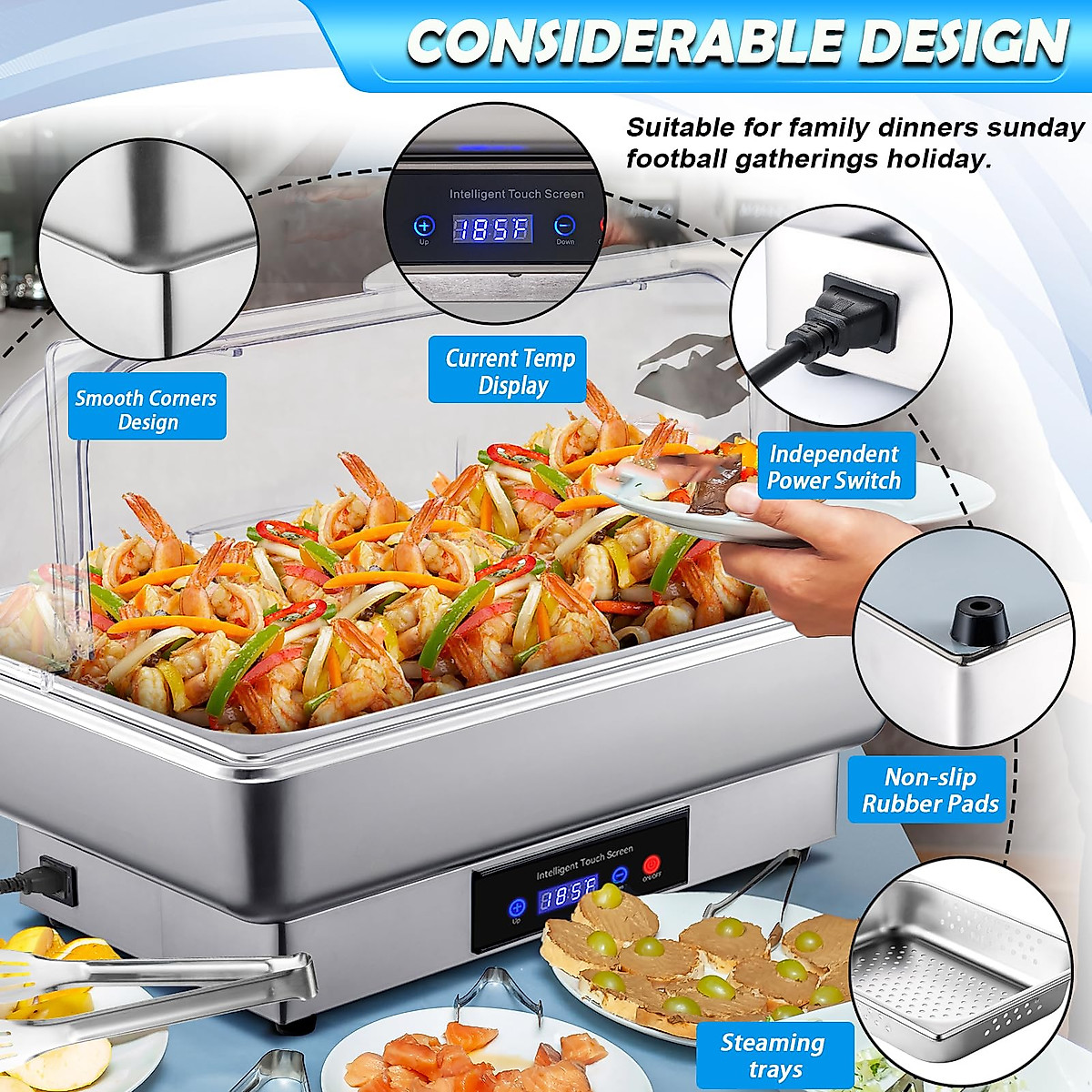 YORKING Electric Chafing Dish,9 QT Full Size with 4 x 4.5 QT Half Size Chafing Dish Buffet Set, Buffet Servers and Warmers with Roll Top & Temperature Control Display, Catering Food Warmer for Parties