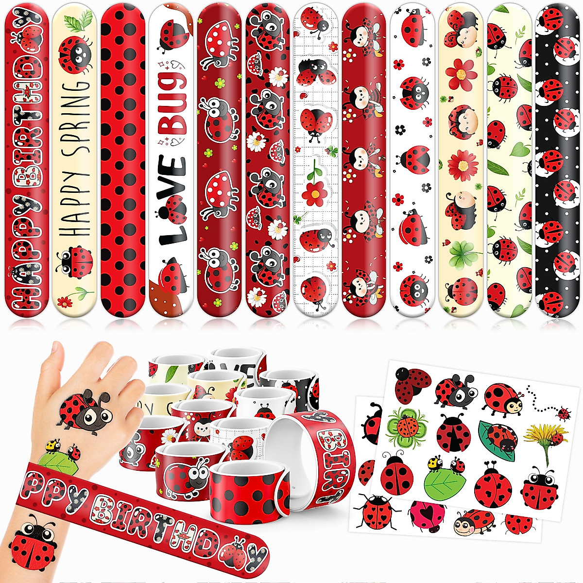 Cherisnowy 48 PCS Ladybug Party Favors 24PCS Tattoos Sticker 24PCS Slap Bracelets Wristbands Perfect for Themed Birthday Baby Showers or Classroom Rewards Ideal Decor and Gifts for Girls and Boys