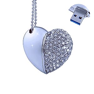 EcooDisk 128GB USB 3.0 Flash Drive Diamond Heart with Necklace Memory Stick High Speed Thumb Drive Jump Drive Data Storage Silver