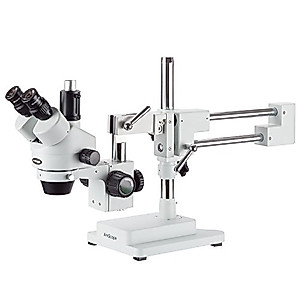 AmScope SM-4TPZ Professional Trinocular Stereo Zoom Microscope with Simultaneous Focus Control, WH10x Eyepieces, 3.5X-90X Magnification, 0.7X-4.5X Zoom Objective, Ambient Lighting, Double-Arm Boom Stand, Includes 0.5X and 2.0X Barlow Lens