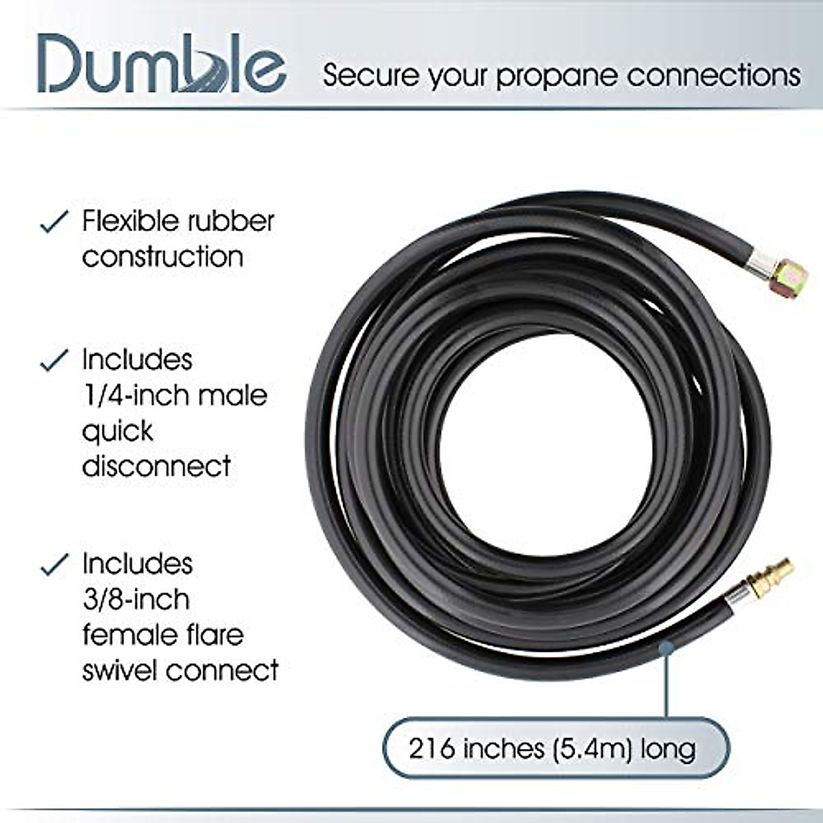 Dumble 18 Feet Low Pressure Propane Quick Connect Hose Extension - 3/8 Inch Female Flare and 1/4 Inch Male Quick Connect for RV, Camper, BBQ Grill, Propane Tank, Heater, and Firepits