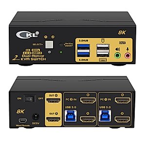 CKL 2 Port USB 3.0 KVM Switch Dual Monitor HDMI 2.1 8K 60Hz 4K 120Hz 144Hz, Keyboard Video Mouse Peripherals Switcher for 2 Computers 2 Monitors with Audio 922HUA-4