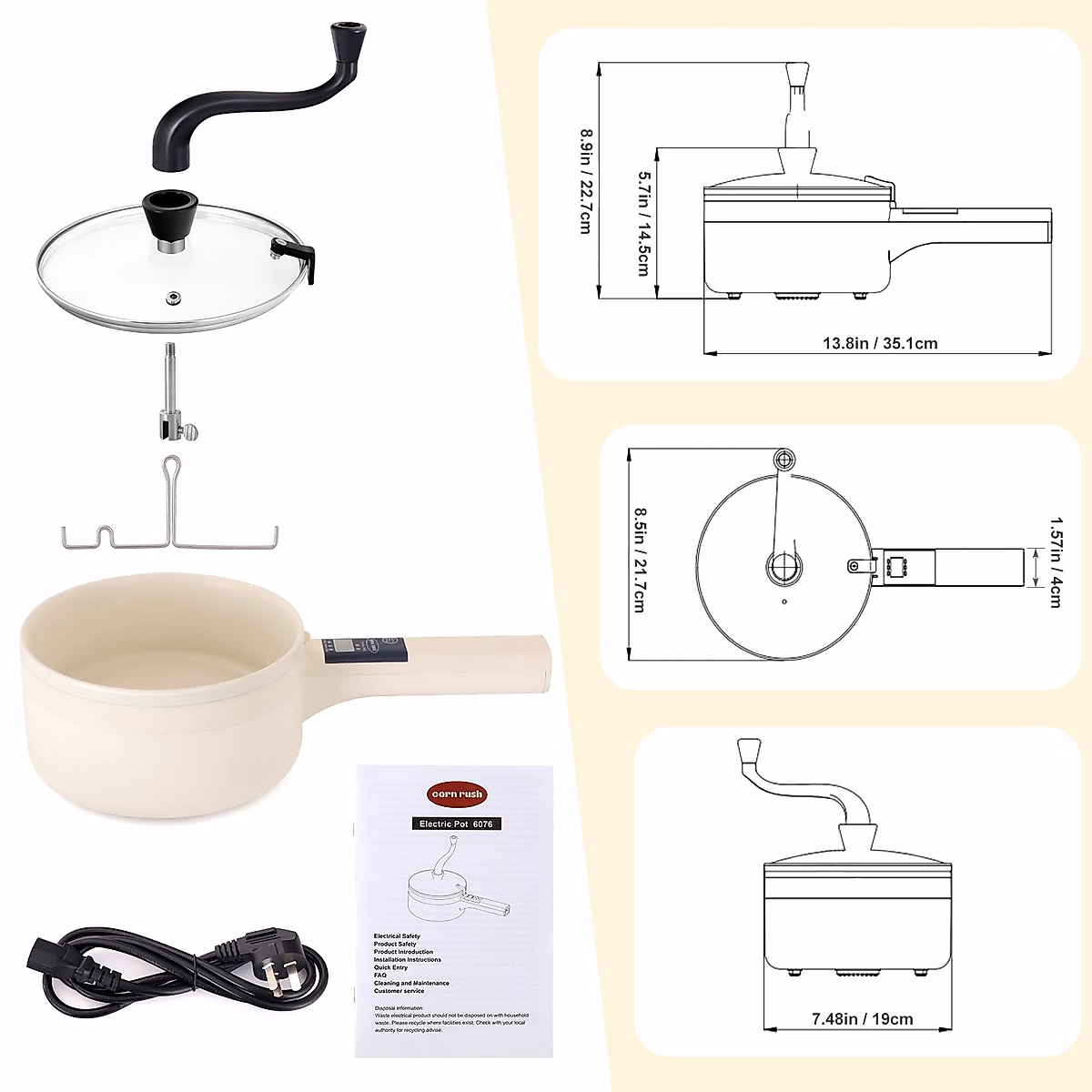 Multifunctional Electric Hot Pot Cooker, Upgraded Non-Stick Stainless Steel 1L Mini Portable Lazy Pot Popcorn Ramen Maker for Steak Egg Soup Travel with Long Handle Power Adjustment milky white