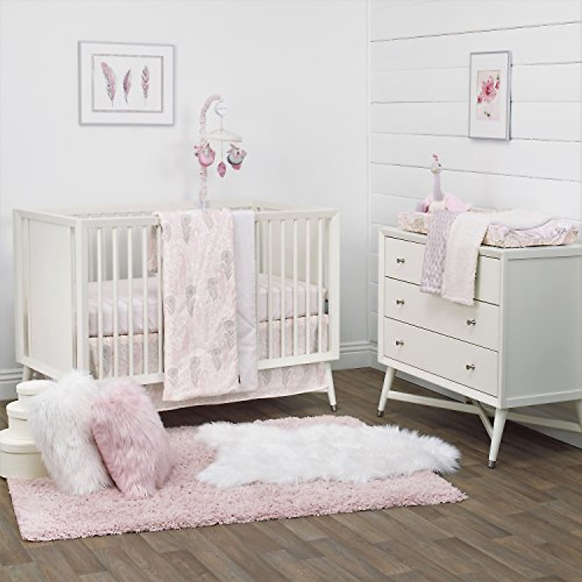 Dwell Studio Beautiful Boheme Peacock/Feathers Cotton Super Soft Fitted Crib Sheet, Pink/Gray/White