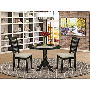 East West Furniture DLDA3-BLK-C 3 Piece Dining Set Contains a Round Dining Room Table with Dropleaf and 2 Linen Fabric Upholstered Kitchen Chairs, 42x42 Inch, Black