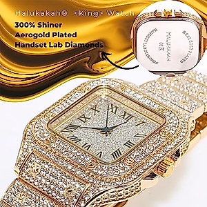 Halukakah Men's Diamond Watch - The King - 18K Gold Plated, 40MM Square Dial, Iced Out Wristband, Lab Diamonds Handset, Comes in Giftbox