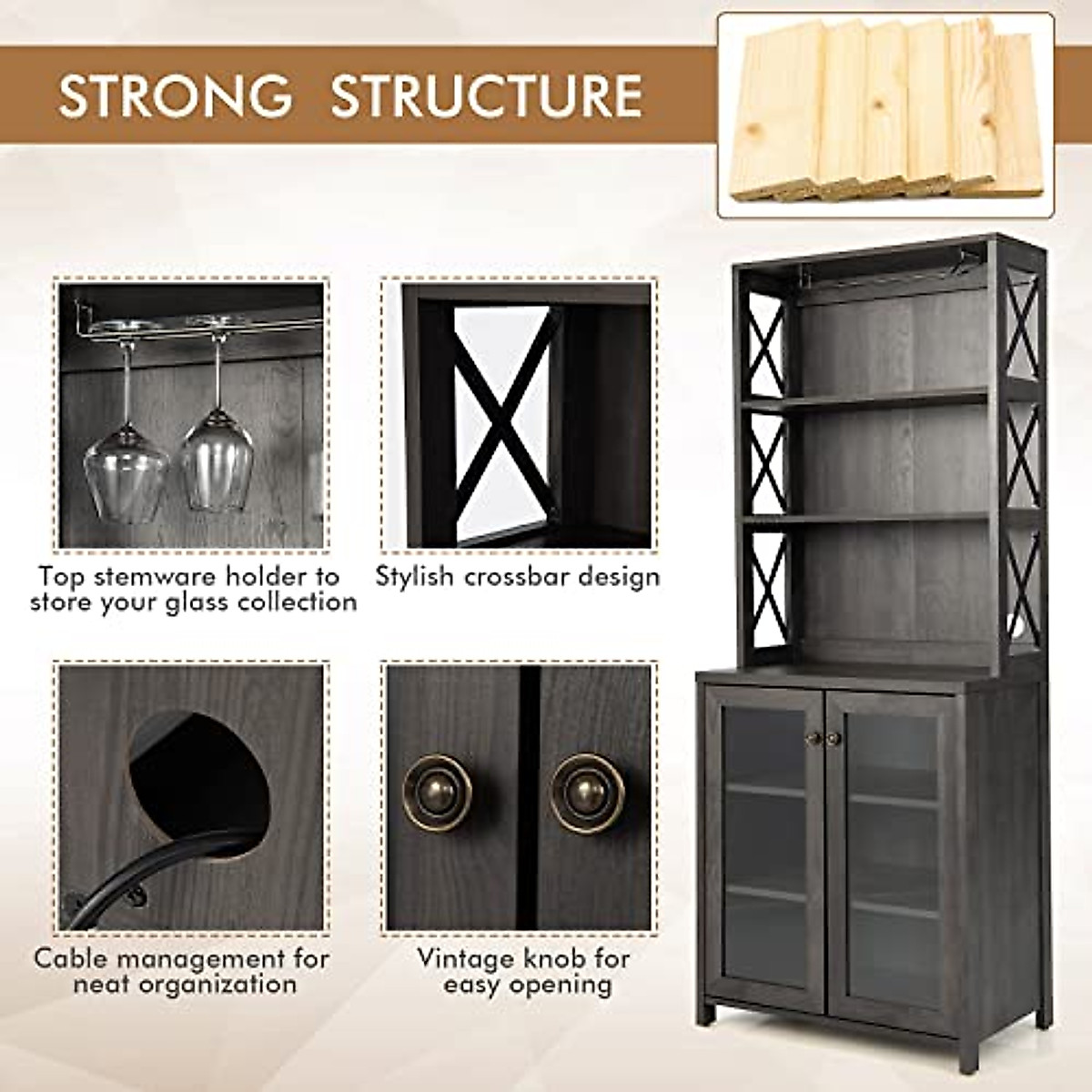 Giantex Kitchen Pantry, 67.5" Buffet Hutch Cabinet, 2 Door Sideboard, Coffee Bar Cabinet w/Glass Holder, Adjustable Shelves, Anti-toppling, Farmhouse Freestanding Wood Microwave Stand, Gray