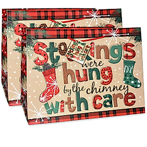 Gift Boutique 12 Jumbo Christmas Tote Bags with Handles 15" Wide X 11" High X 11" Deep Extra Wide Large Giant Reusable Grocery Shopping Paper Bags Big Gusset for Food Cookie Container & Foil Tin Pan