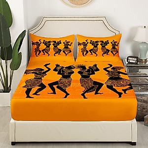 African Themed Bed Sheet Set Queen Size African Pattern Fitted Sheet for Kids Decor Ethnic Afro Decor Bedding Set Tribal Dance Bed Cover Deep Pocket Traditional Exotic Style Bed Set