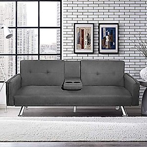 AWQM Futon Sofa Bed Upholstered Modern Convertible Sofa Couch Sleeper, Metal Leg and 2 Cup Holders, Memory Foam Cushion Living Room Furniture Home Recliner, Dark Grey