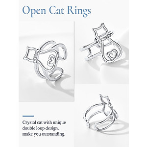 SILVERCUTE 925 Sterling Silver Cat Cute Ring Glittering Heart Cubic Zirconia Sparkle Adjustable Ring