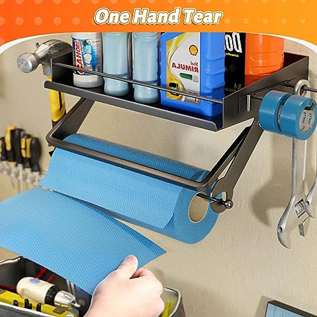 Lorbro Garage Paper Towel Holder, Paper Towel Holder Wall Mount with Shelf One Hand Tear, Garage Organization and Storage with 4 Detachable Hooks, Holds 50 lbs, for Quick Clean Station, Workshop