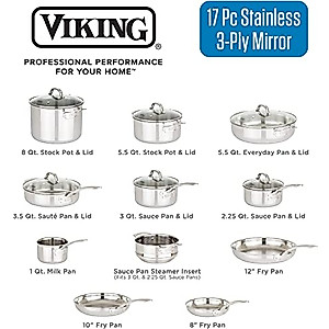 Viking Culinary 3-Ply Stainless Steel Cookware Set, 17 piece | Includes Pots & Pans, Steamer Insert & Glass Lids | Dishwasher, Oven Safe & 304 Stainless Steel Kitchen Utensil Set