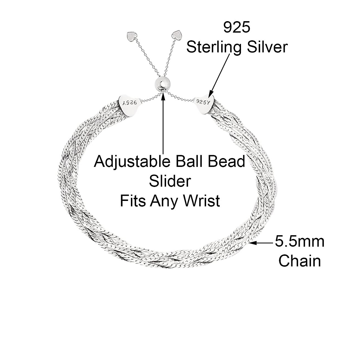 Savlano 925 Sterling Silver Braided Herringbone Chain Adjustable Bolo Slider Bracelet – 18K Gold Plated Over Silver Bracelet for Women - Made In Italy Comes with a Gift Box (White)