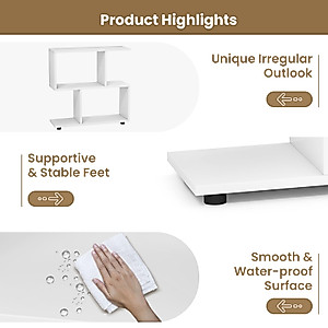 Tangkula 2 Tier Geometric Bookshelf, Freestanding Wood Display Shelf, Home Office Decor Room Divider S Shaped Open Bookcase, Small Bookshelf for Small Spaces, Living Room, Study (White, 1)